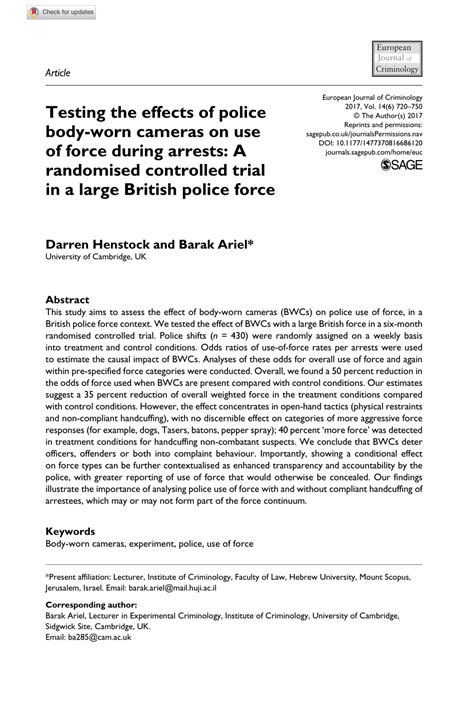 Pdf Testing The Effects Of Police Body Worn Cameras On Use Of Force During Arrests A