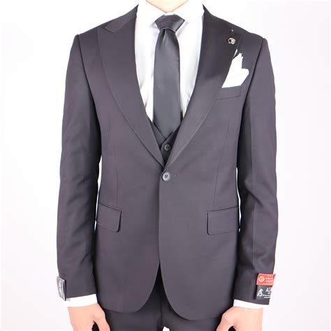 Black Avanti Milano Peak Lapel Low Cut Vest Three Piece Suit Avanti