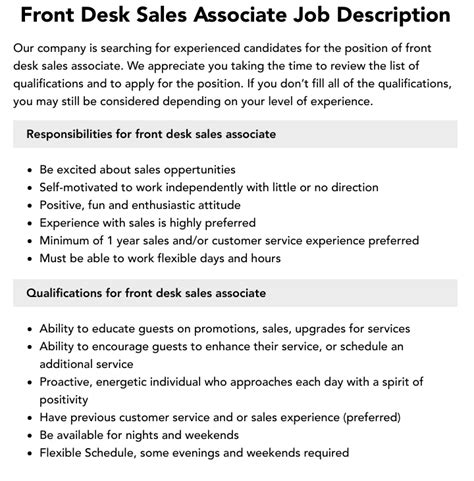Front Desk Sales Associate Job Description Velvet Jobs