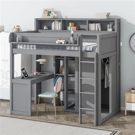 Harper And Bright Designs Gray Twin Size Wood Loft Bed With Wardrobe