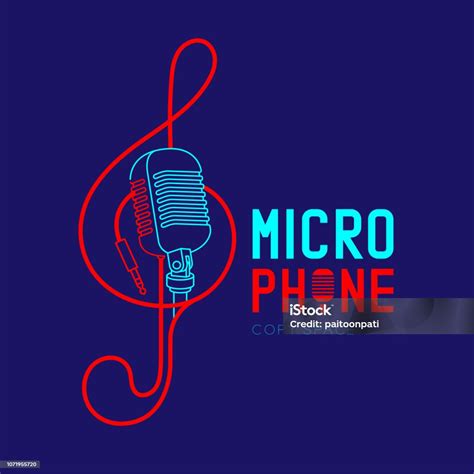 레트로 마이크 로고 아이콘 개요 선 케이블 대시 라인에서 고음 음자리표 모양 디자인 일러스트 레이 션 마이크 텍스트와 복사 공간 벡터 Eps 10와 어두운 파란색 배경에