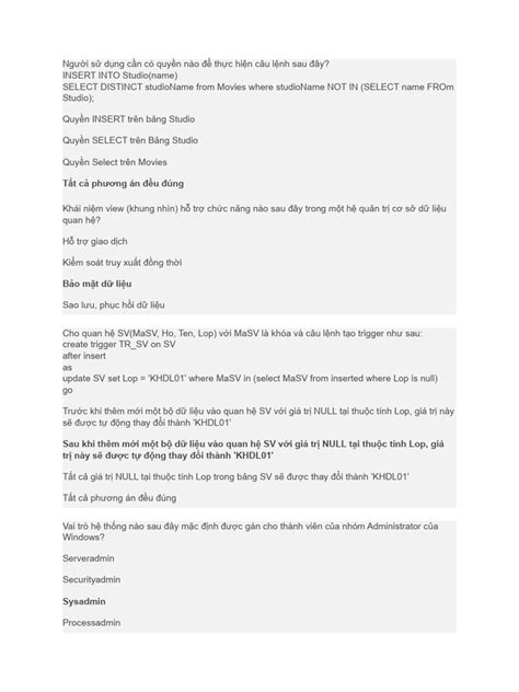 Phát Biểu Nào Dưới đây Không Phải Là Bảo Mật Thông Tin Trong Hệ Csdl