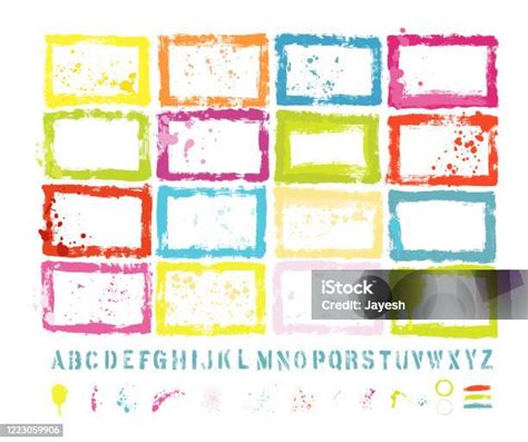 그래픽 디자인 필수 요소 실제 스캔 텍스처 브러시 스트로크 페인트 방울 및 스텐실 알파벳 세트로 페인팅 된 페이지 테두리 고해상도 Jpeg 및 그룹화 된 벡터 파일이