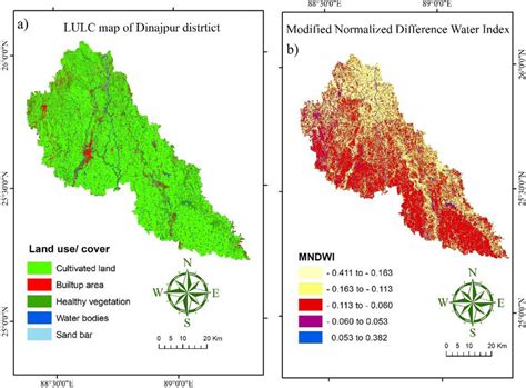 A Land Use Cover Map B Modified Normalized Difference Water Index Download Scientific