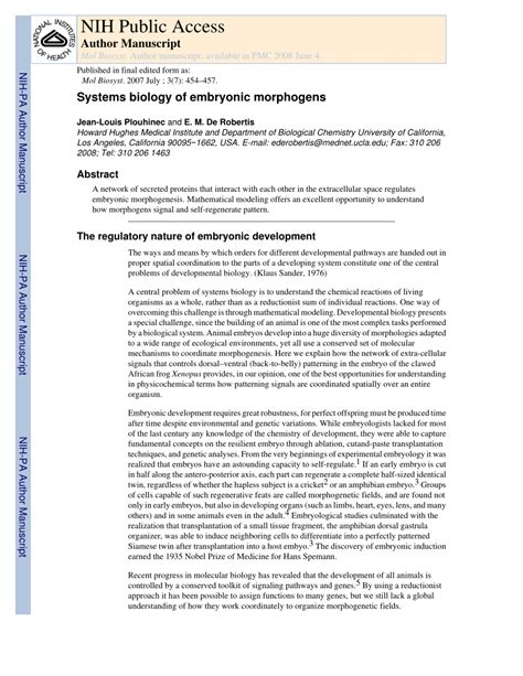 Pdf Systems Biology Of Embryonic Morphogens