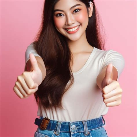 Premium Photo Portrait Happy Asian Cute Woman Shows Thumb Up And Looking At The Camera On Pink
