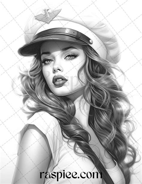 40 Sailor Pin Up Girls Grayscale Coloring Pages Printable For Adults