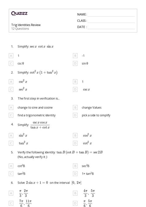 50 Trigonometric Identities Worksheets For 11th Class On Quizizz