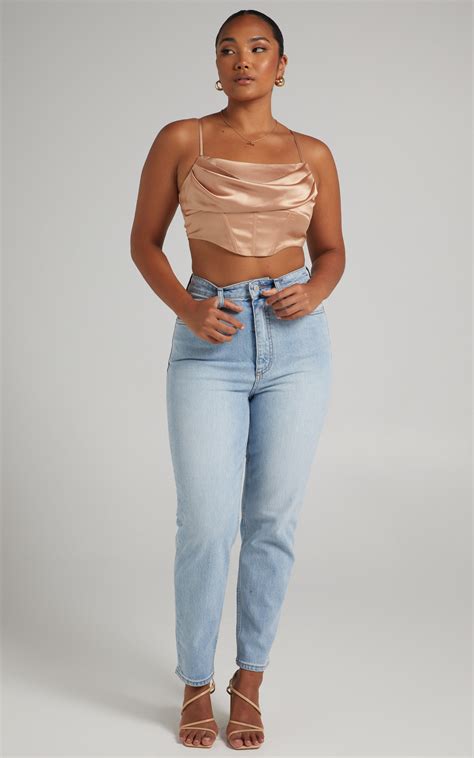 Jadey Cowl Neck Corset Crop Top In Nude Satin Showpo