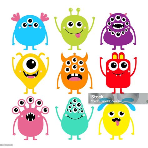 즐거운 할로윈 보내세요 몬스터 세트 귀여운 가와이 만화 다채로운 무서운 재미있는 캐릭터 아이콘 눈 혀 손 뿔 송곳니 재미있는