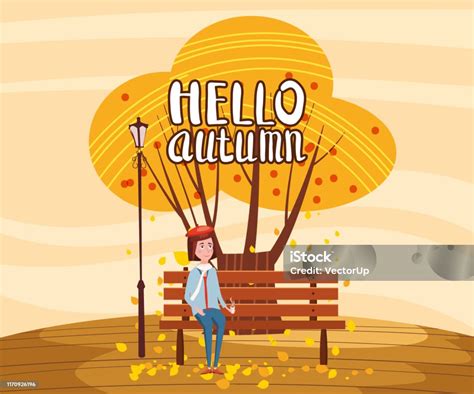 안녕하세요 가을 풍경 외로운 나무와 추세 평면 만화 스타일의 벤치 파노라마 수평선에서 커피를 마시는 소녀 일러스트 벡터 절연