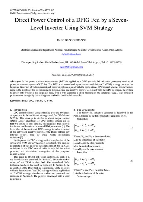 Pdf Direct Power Control Of A Dfig Fed By A Seven Level Inverter Using Svm Strategy