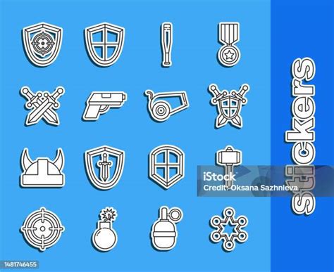 세트 라인 경찰 배지 배틀 해머 교차 검이 있는 중세 방패 야구 방망이 권총 총 교차 중세 대상 스포츠 및 대포 아이콘 벡터 겨냥에 대한 스톡 벡터 아트 및 기타 이미지