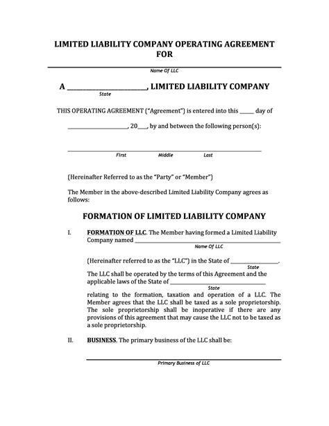 Printable Llc Operating Agreement Form