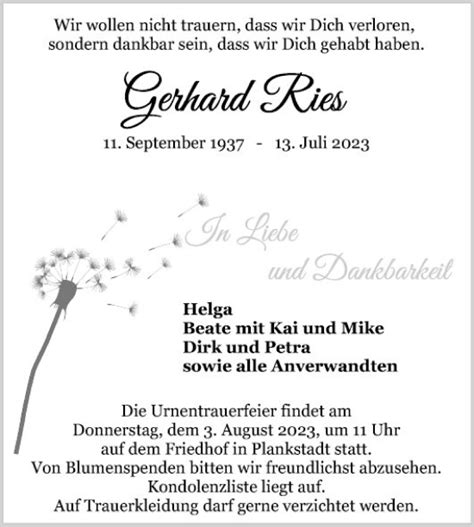 Traueranzeigen Von Gerhard Ries Trauerportal Ihrer Tageszeitung
