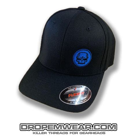 Black Curved Bill Flex Fit Hat With Blue Skull Logo Drop Em Wear Clothing