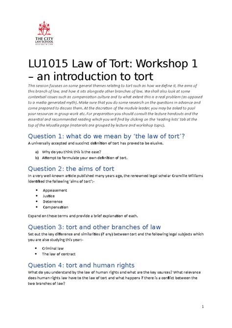 Tort LU WS Intro Lecture Notes LU Law Of Tort Workshop An Introduction To