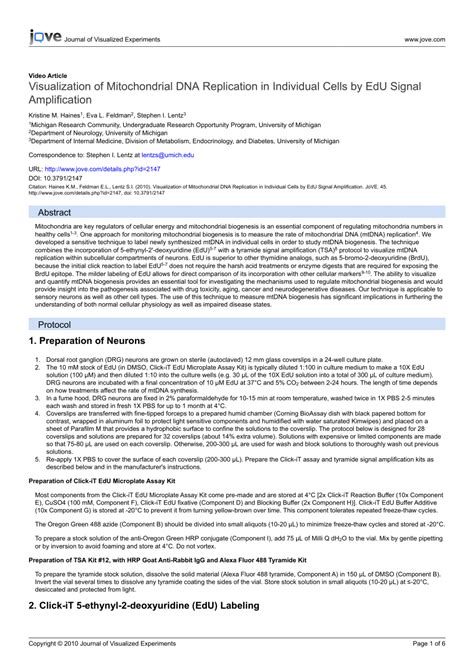 Pdf Visualization Of Mitochondrial Dna Replication In Individual Cells By Edu Signal Amplification