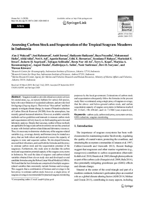 Pdf Assessing Carbon Stock And Sequestration Of The Tropical Seagrass