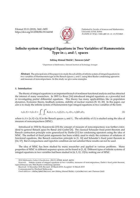 Pdf Infinite System Of Integral Equations In Two Variables Of Hammerstein Type In C0 And ℓ1 Spaces