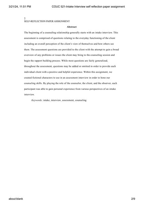 Solution Couc 521 Intake Interview Self Reflection Paper Assignment
