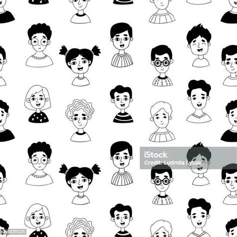 어린이 얼굴이 있는 매끄러운 패턴 흰색 배경에 귀여운 웃는 소녀와 소년들 아이 컬렉션 디자인 배경 화면 직물 및 포장지를 위한