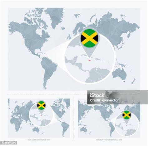 世界地図上のジャマイカジャマイカの旗と地図を持つ世界地図の3つのバージョンを拡大 ジャマイカのベクターアート素材や画像を多数ご用意