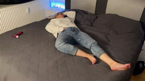 Masturbating On The Bed In Jeans Braless Satisfyer Moaning Intense Multiple Orgasms Wet Tight