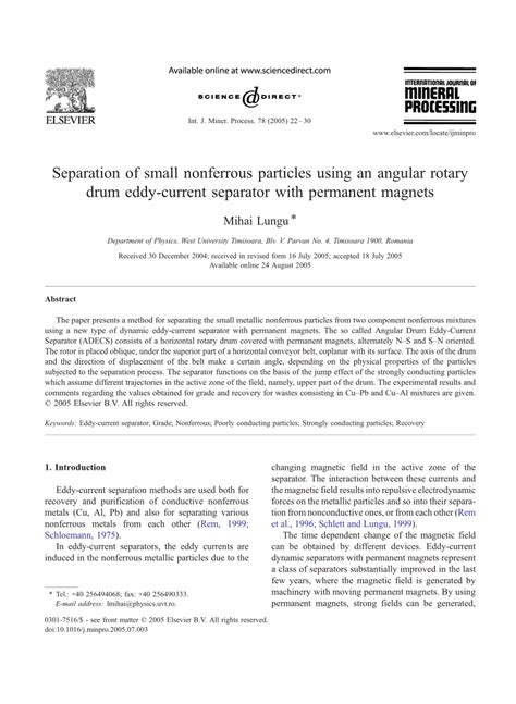 Pdf Separation Of Small Nonferrous Particles Using An Angular Rotary Drum Eddy Current