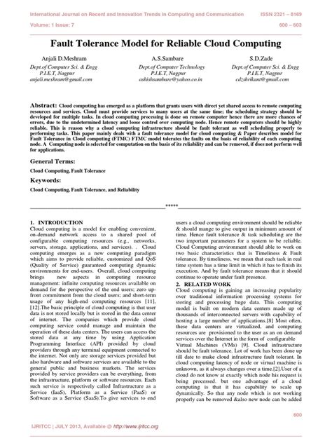 Fault Tolerance Model For Reliable Cloud Computing Pdf Cloud