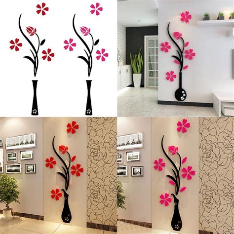 2pcs Diy Vase Flower Tree Crystal Arcylic 3d Wall Sticker Decal Home