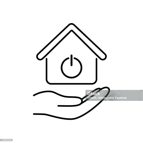 내부에 전원 끄기 버튼이 있는 집 아이콘을 손으로 잡습니다 라인 아트 일러스트레이션 에너지 절약 개념 가정 생활에 대한 스톡 벡터 아트 및 기타 이미지 Istock