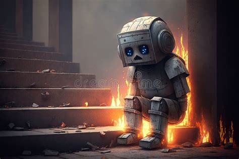 Broken Sad Robot Sitting On Steps In Front Of Burning Exit Stock Image