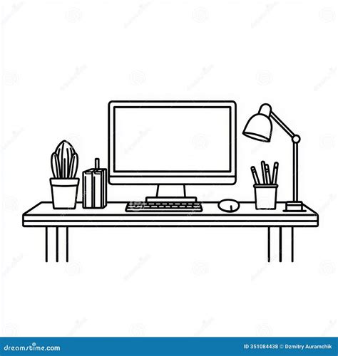 A Clean And Basic Sketch Of A Desk With A Computer Lamp Plants And