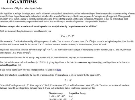 University Of Guelph Logarithms Handout For 9th 10th Grade Lesson