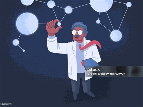 과학 안경과 실험실 코트를 입은 과학자가 원자 또는 뉴런을 검사합니다 물리학 또는 화학 분야의 과학적 발견 벡터 그림 Dna에