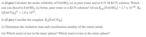 Solved A Pts Calculate The Molar Solubility Of Fe Oh Chegg