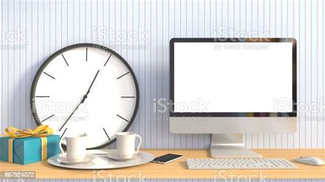 사무실 테이블에 흰색 화면으로 컴퓨터입니다 3 차원 일러스트 레이 션 Html에 대한 스톡 사진 및 기타 이미지 Html 공란 광대한 Istock