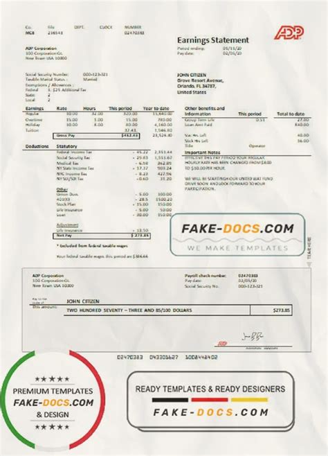 Usa Adp Earnings Statement Template In Word And Pdf Format Fake Docs Shop