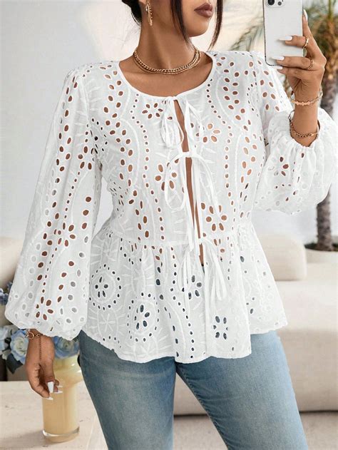 Blusa Talla Grande Con Corte Calado Y Nudo Delantero Knotted Blouse