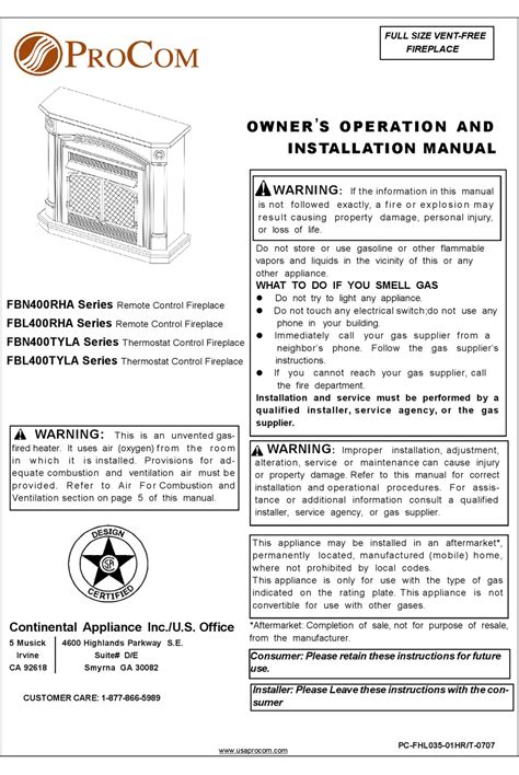 PROCOM FBN RHA SERIES OWNER S OPERATION AND INSTALLATION MANUAL Pdf Download ManualsLib