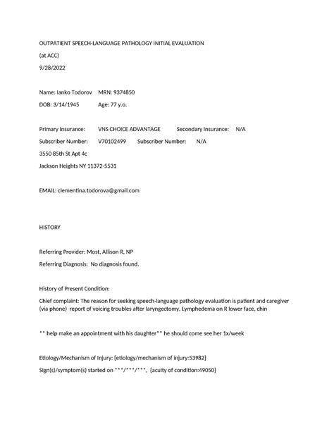 Eval Example Notes And Assignments Outpatient Speech Language