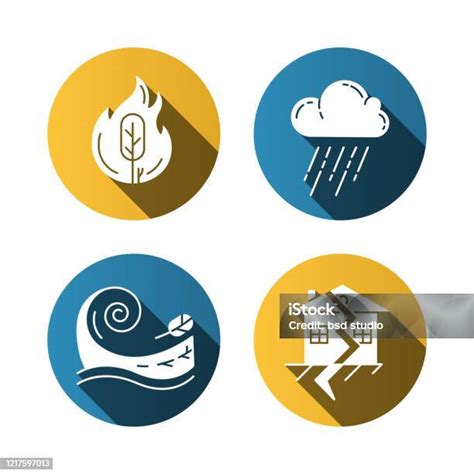 자연 재해 플랫 디자인 긴 그림자 문 고 아이콘 세트입니다 글로벌 재앙 산불 지진 쓰나미 폭우 자연의 파괴적인 힘 벡터 실루엣