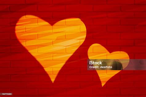 밝은 어두운 붉은 색 벽돌 벽 사랑 발렌타인 데이 테마 두 생생한 복숭아 또는 오렌지 컬러 하트 수평 적갈색 벡터 배경에