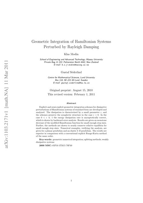 Pdf Geometric Integration Of Hamiltonian Systems Perturbed By Rayleigh Damping