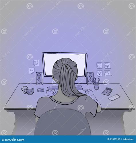Девушка работает на компьютере Иллюстрация вектора иллюстрации