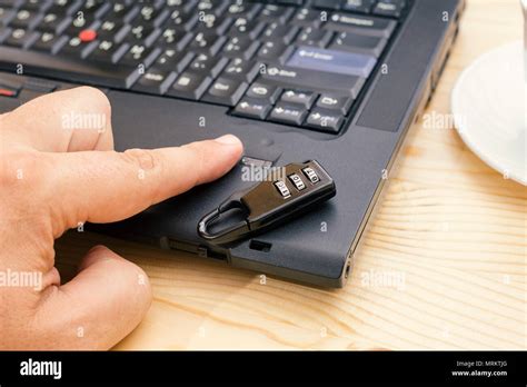 Log In To Account Security Concept Laptop Fingerprint Reader And Code Lock For Backpack