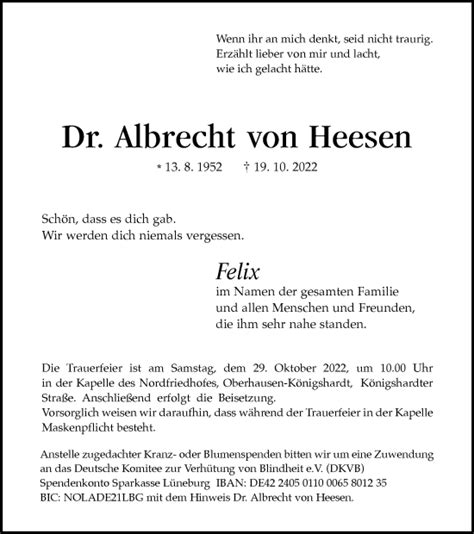 Traueranzeigen Von Albrecht Von Heesen Trauer In NRW De