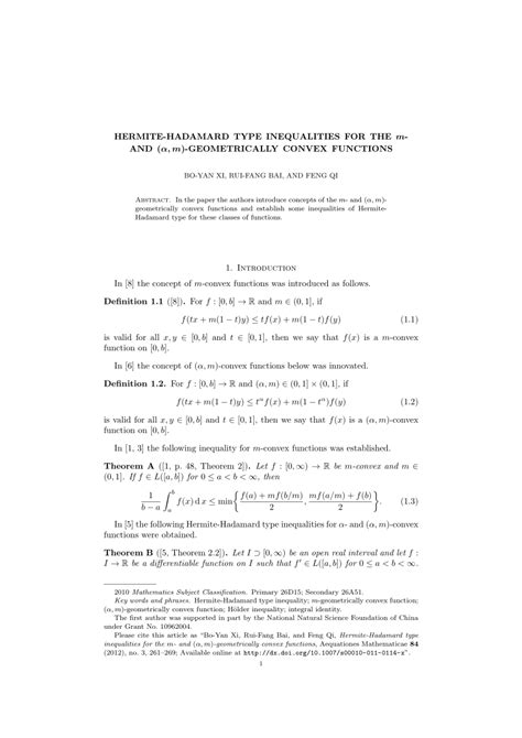 Pdf Hermite Hadamard Type Inequalities For The M And α M Geometrically Convex Functions