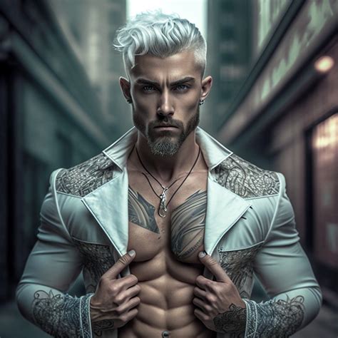 A Man With White Hair And Tattoos On His Chest Standing In The Middle Of An Alleyway